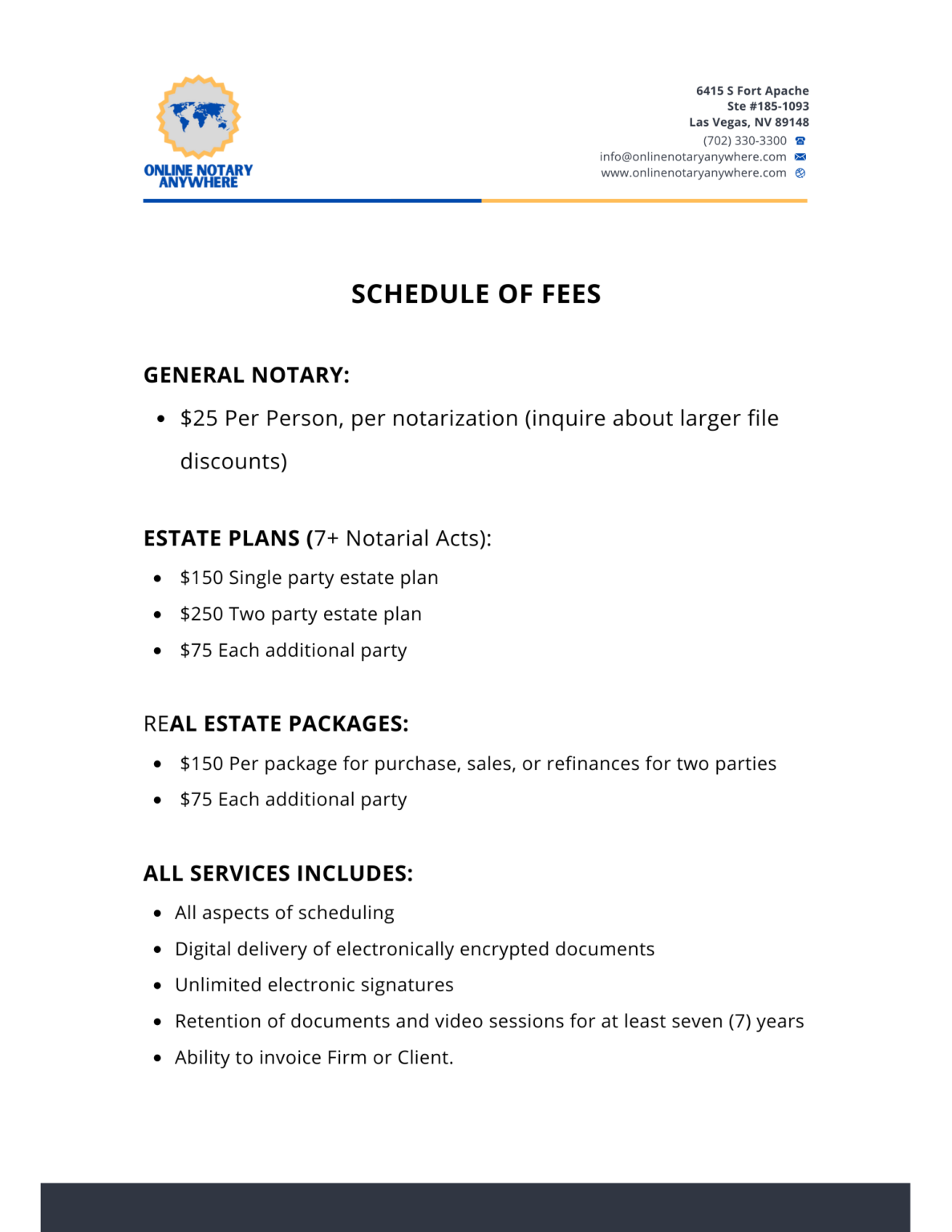 Schedule of Fees - Online Notary Anywhere